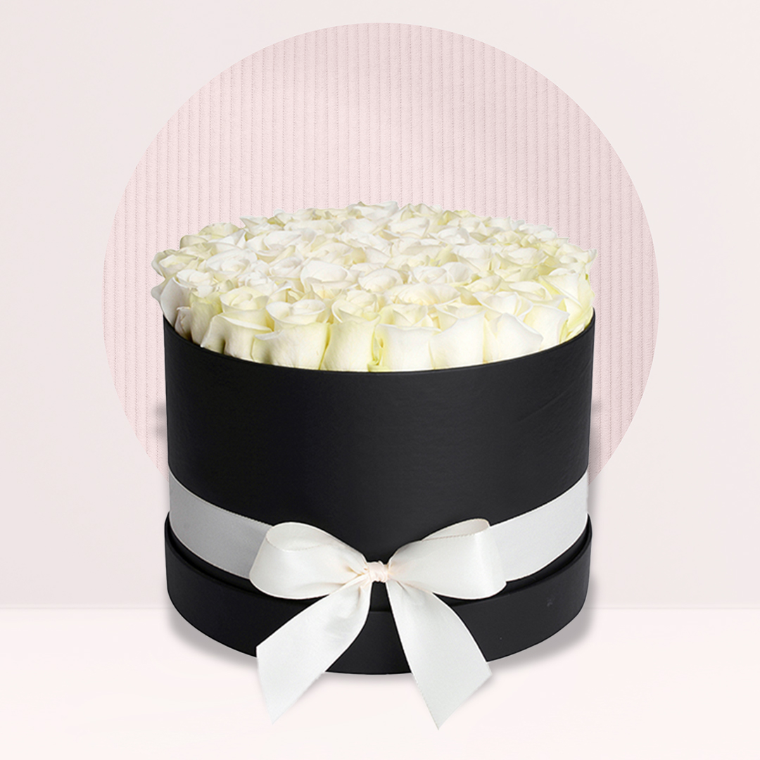 Buy White Roses in Black Round Box Online in Malaysia