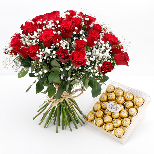 Buy 25 Red Roses Bouquet Online with Ferrero Rocher Chocolate