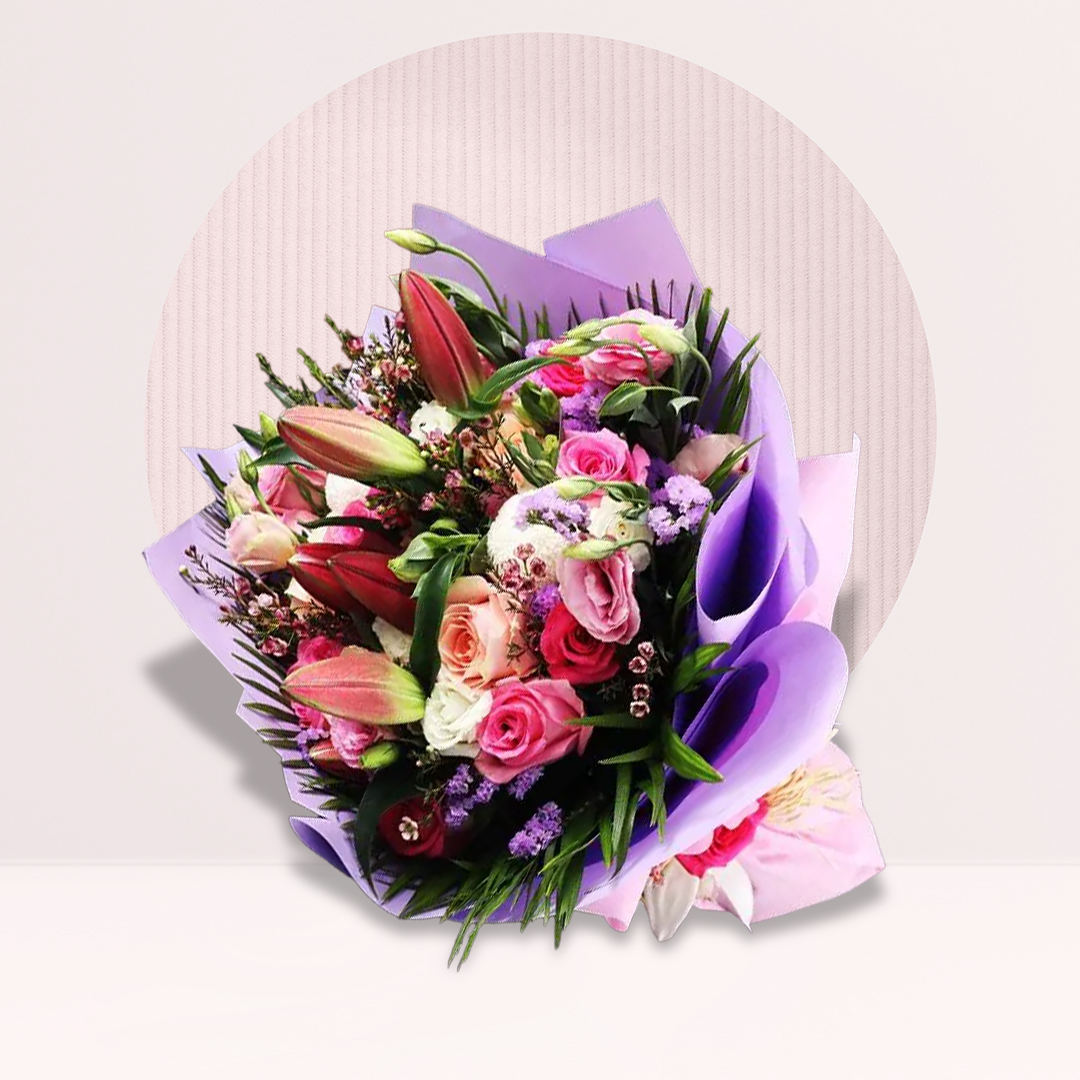 Buy Mix Flowers in Purple Wrapping Online | Top Flower Shop
